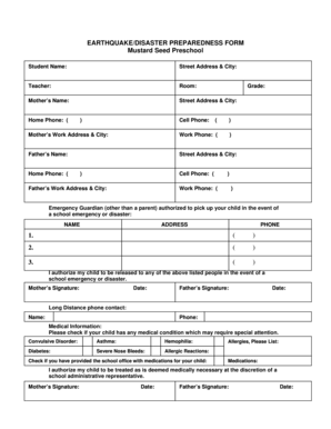 Fillable Online EARTHQUAKE/DISASTER PREPAREDNESS FORM Mustard Seed ...