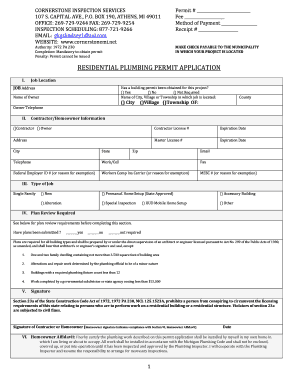 Fillable Online Residential plumbing permit application - Cornerstone ...