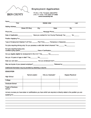 Fillable Online Employment Application - Iron County, Utah Fax Email ...