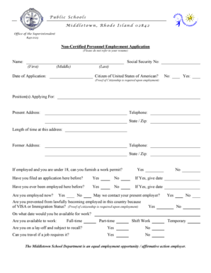 Fillable Online ri Non-Certified Personnel Employment Application Name ...