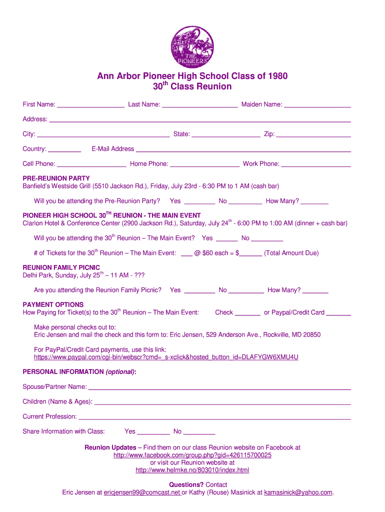 Class Reunion Form Template Fill Online Printable Fillable Blank 