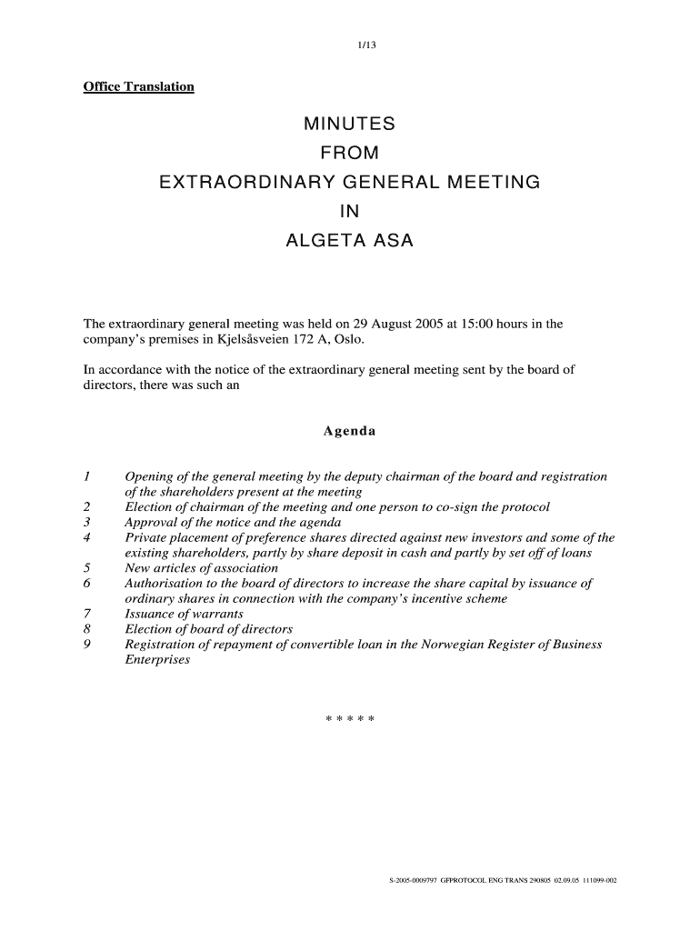 Minutes from extraordinary general meeting in algeta asa: Fill out ...
