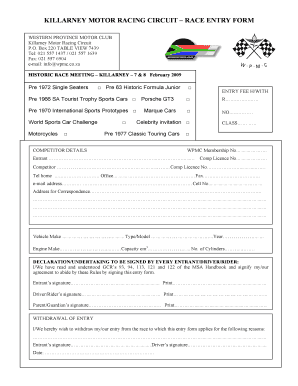 Fillable Online KILLARNEY MOTOR RACING CIRCUIT RACE ENTRY FORM Fax ...