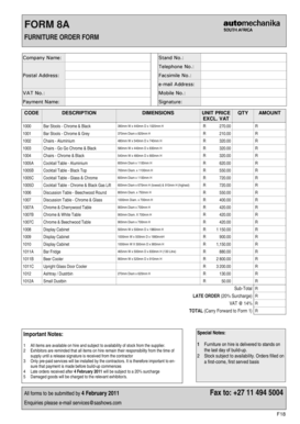Fillable Online FORM 8A FURNITURE ORDER FORM Company Name: Stand No Fax ...