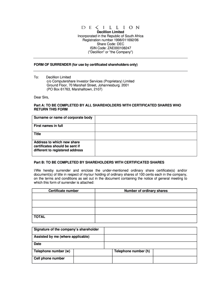 Fillable Online Decillion Form of Surrender.docx Fax Email Print ...