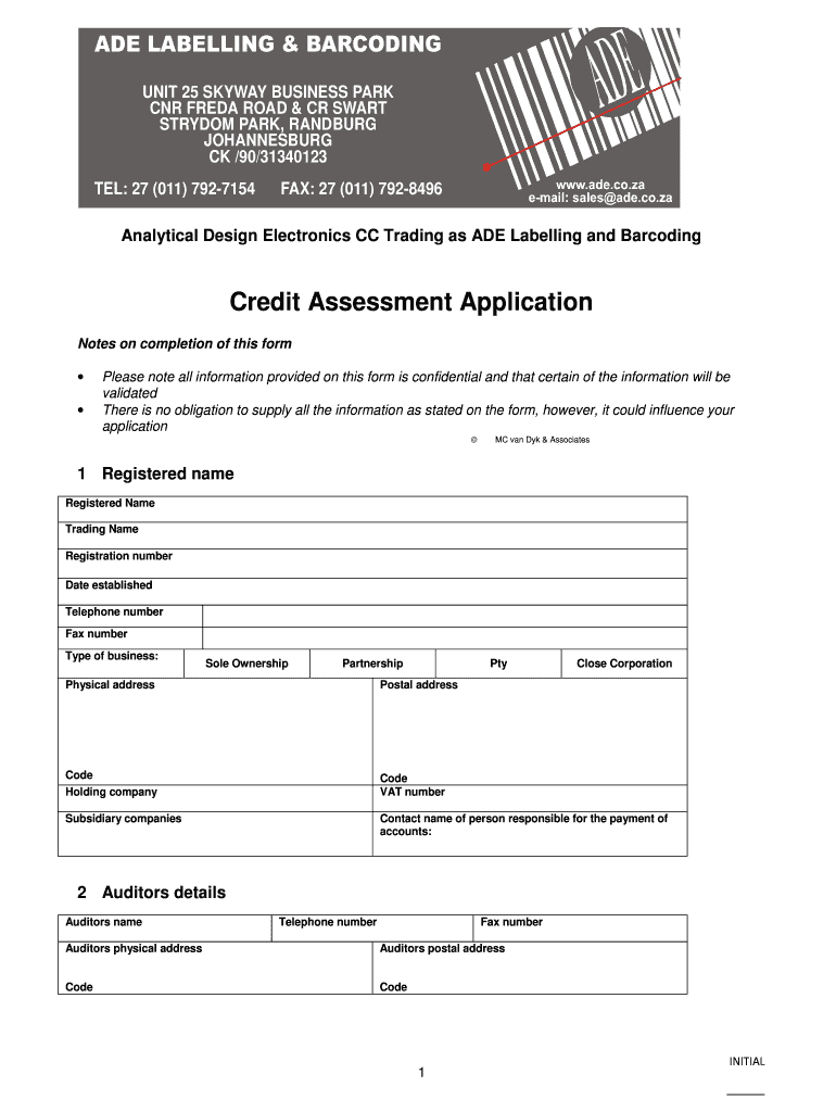 Fillable Online ade co Credit Application - ADE labelling and barcoding - ade co Fax Email Print ...