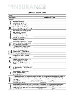 Fillable Online GENERAL CLAIM FORM - The Insurance Center Fax Email ...