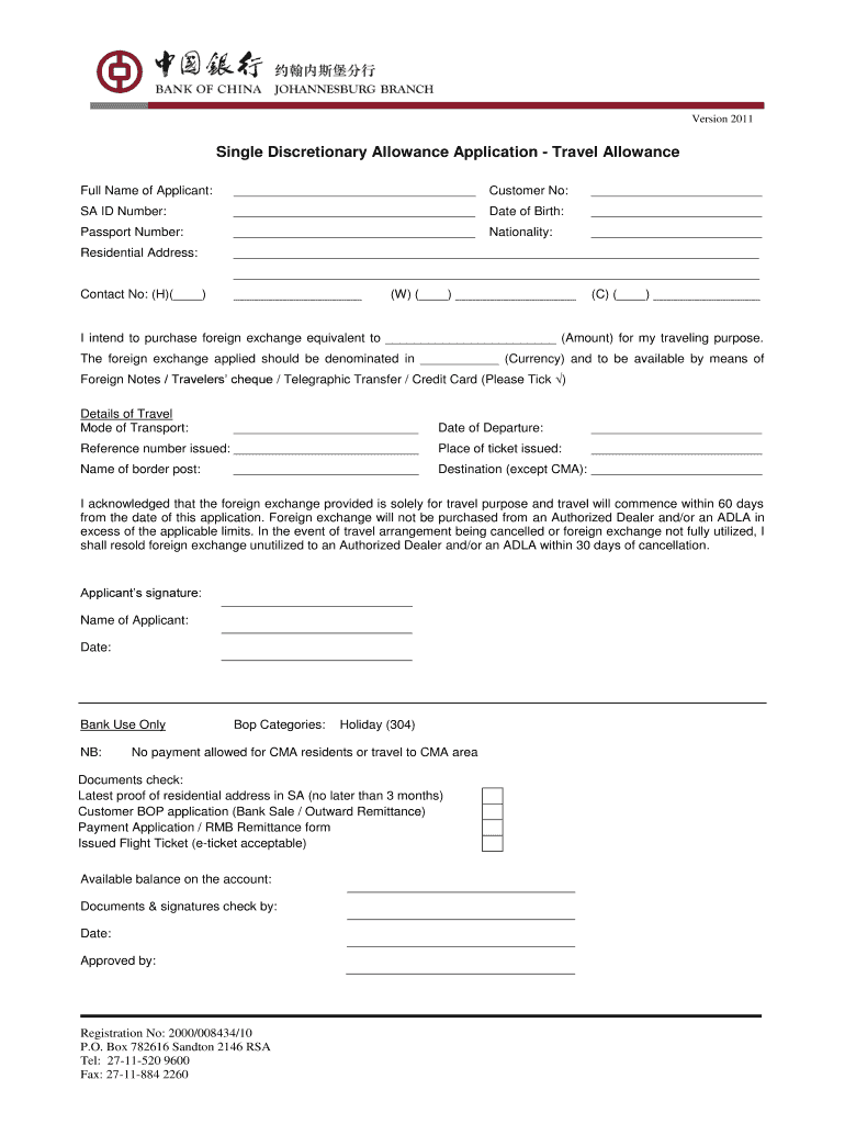 Fillable Online boc co Single Discretionary Allowance Application - Travel Allowance - boc co ...