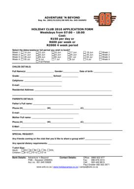 Fillable Online ADVENTURE 'N BEYOND HOLIDAY CLUB 2010 APPLICATION ...