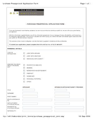 Fillable Online Page 1 of 3 Purchase Preapproval Application Form 18 ...