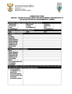 Fillable Online NOMINATION FORM: 2009-2011 AWARD OF EXCELLENCE FOR ...