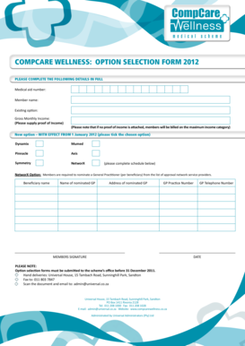 Fillable Online COMPCARE WELLNESS: OPTION SELECTION FORM 2012 Fax Email ...