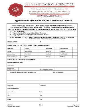 Fillable Online Application for QSE/GENERIC BEE Verification - F04-11 ...