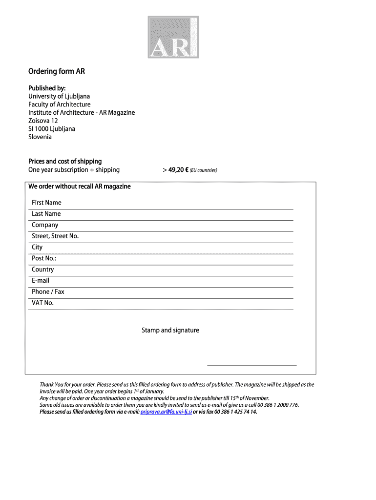 Fillable Online Ordering Form for AR Magazine Subscription Fax Email ...