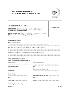 Fillable Online SOCRATES/ERASMUS STUDENT APPLICATION FORM - Turistica ...