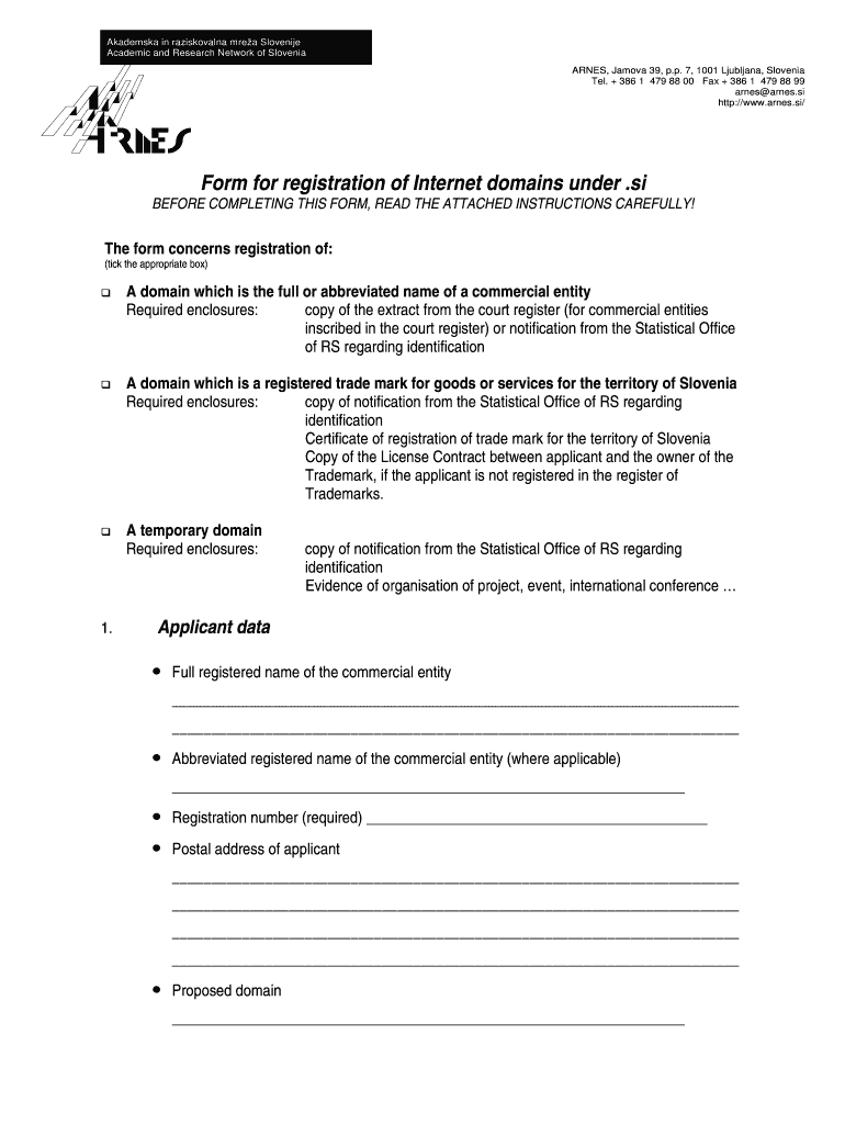Fillable Online Form for registration of Internet domains under .si Fax ...