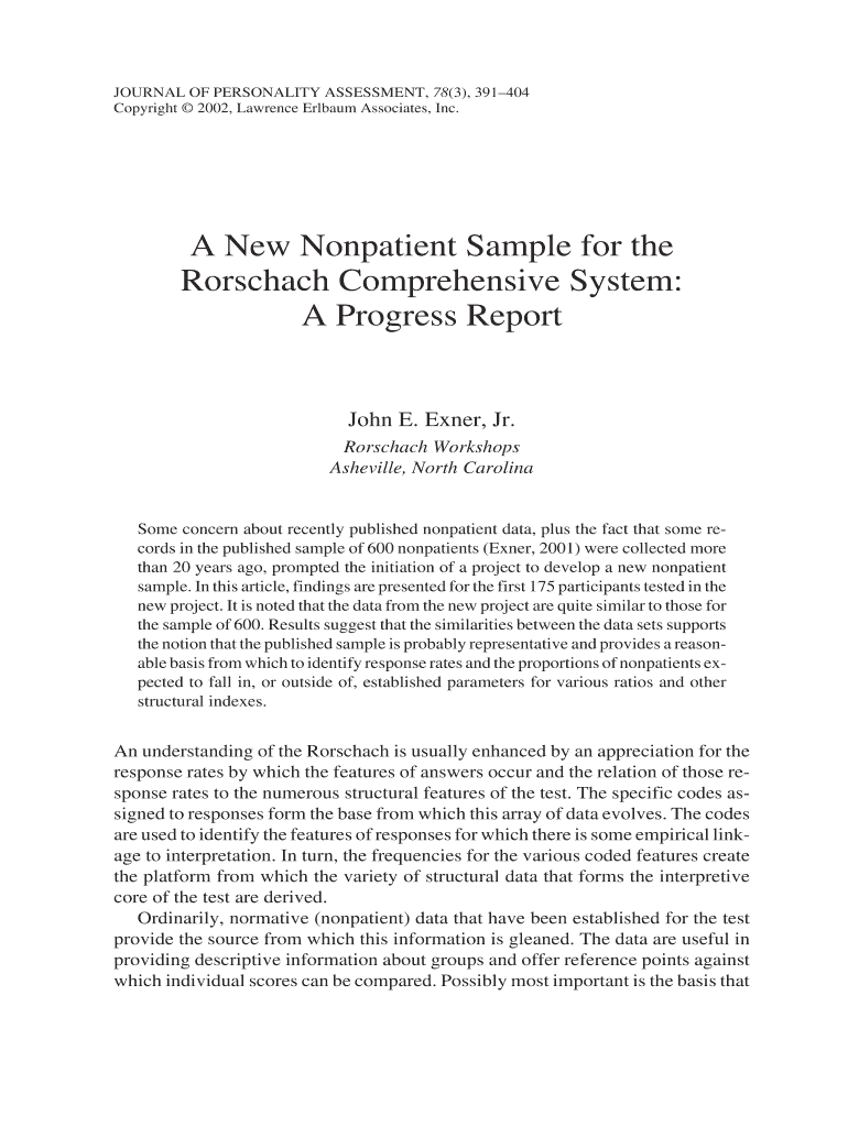 Fillable Online ikpp A New Nonpatient Sample for the Rorschach ...
