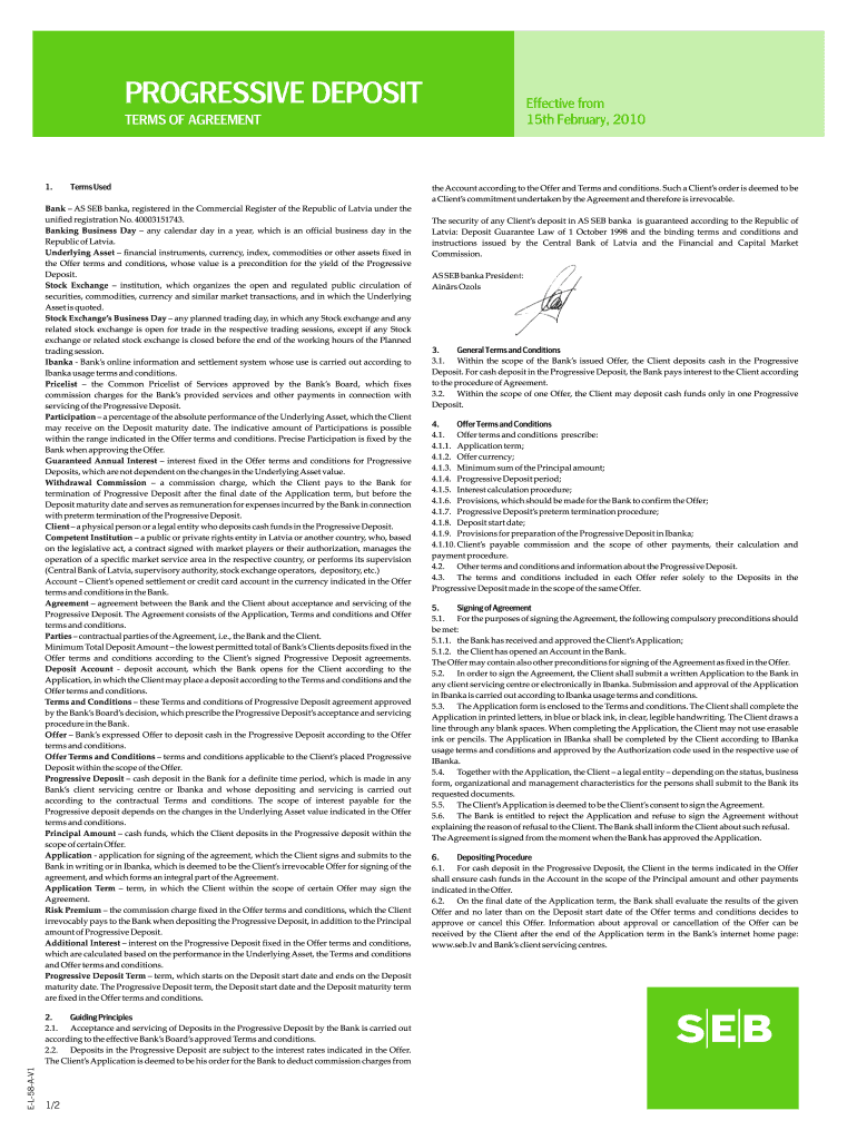 Fillable Online Terms of Agreement for Progressive Deposit Fax Email ...