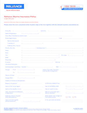Fillable Online Claim Form Marine - Reliance General Insurance Fax ...