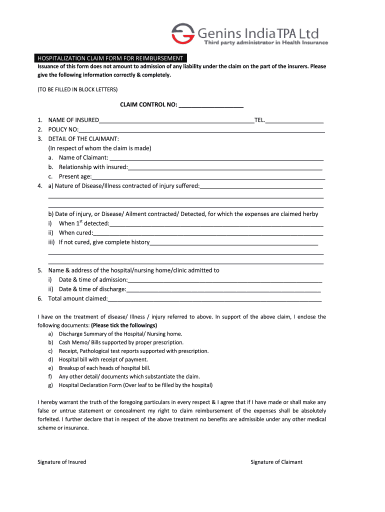 Fillable Online Hospitalization Claim Form Fax Email Print - pdfFiller