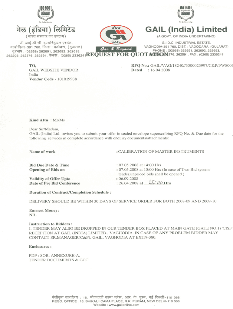 Fillable Online RFQ for Calibration of Master Instruments Fax Email ...