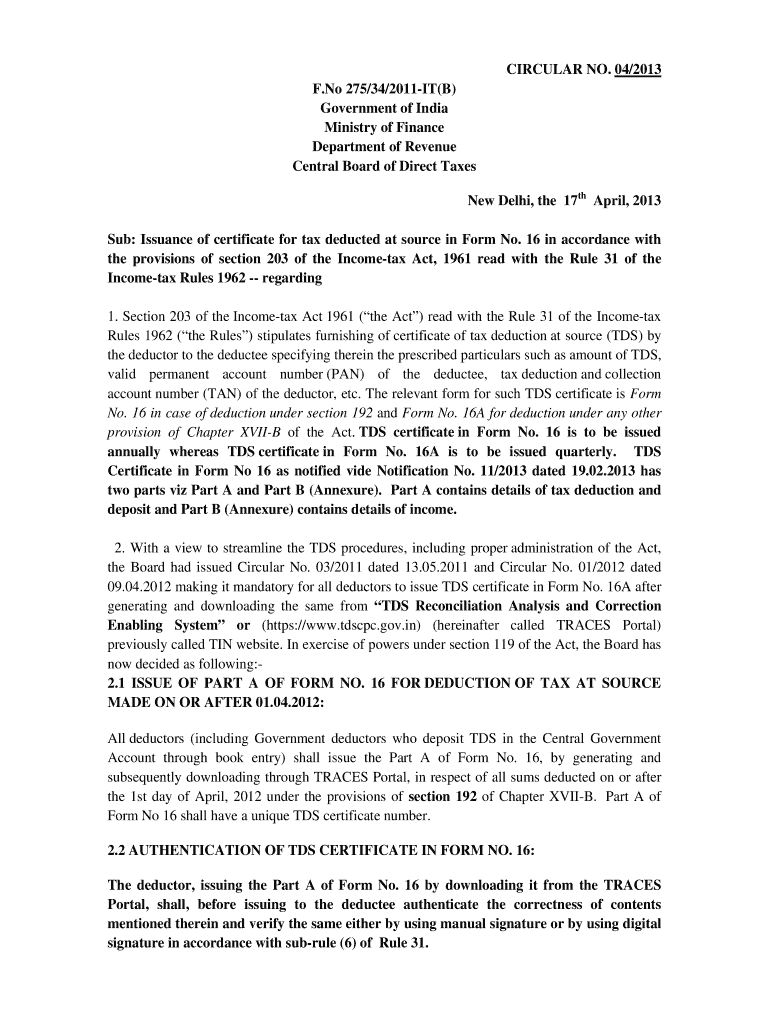 Fillable Online Issuance of certificate for tax deducted at source in Form No. 16 Fax Email ...