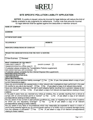 Fillable Online SITE SPECIFIC POLLUTION LIABILITY APPLICATION Fax Email ...