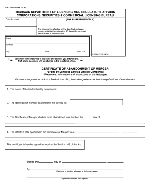 Fillable Online dleg state mi Certificate of Abandonment of Merger - dleg state mi Fax Email ...
