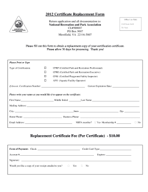 Fillable Online nrpa Replacement Certificate Fee (Per Certificate ...