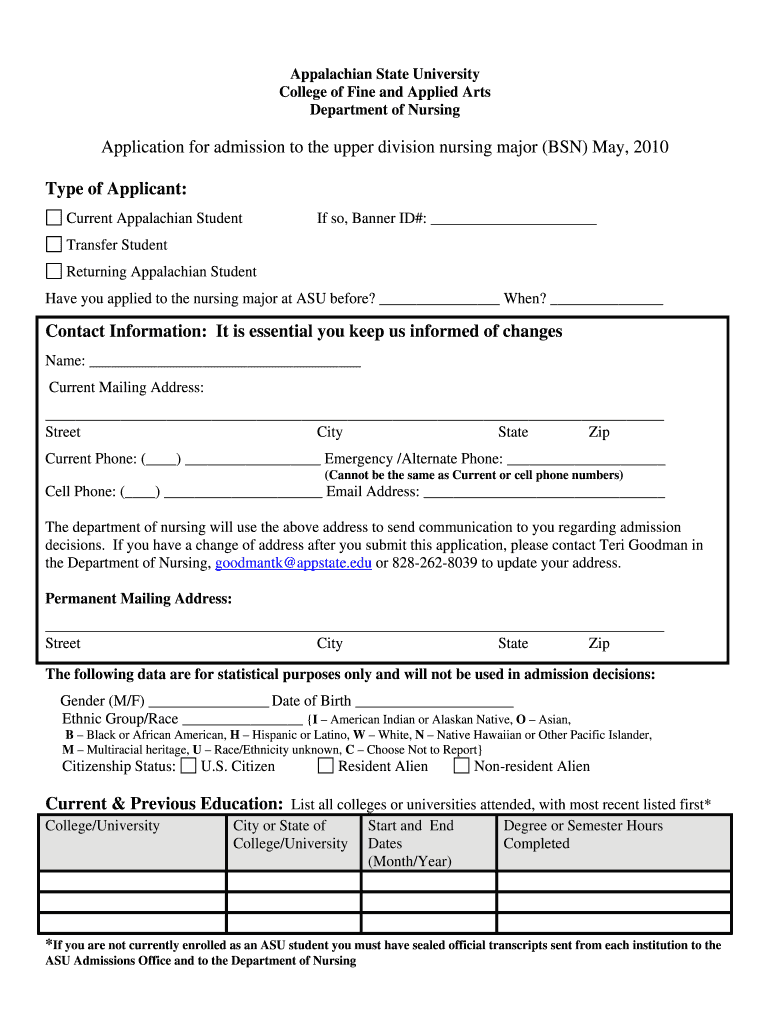Application for admission to the upper division nursing major (BSN ...
