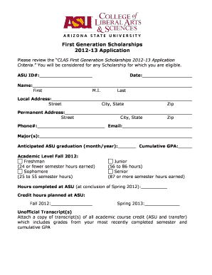 Fillable Online clas asu First Generation Scholarships 2012-13 ...
