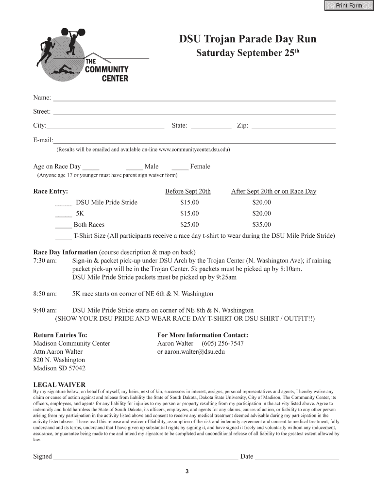 Fillable Online DSU Trojan Parade Day Run Registration Form Fax Email ...