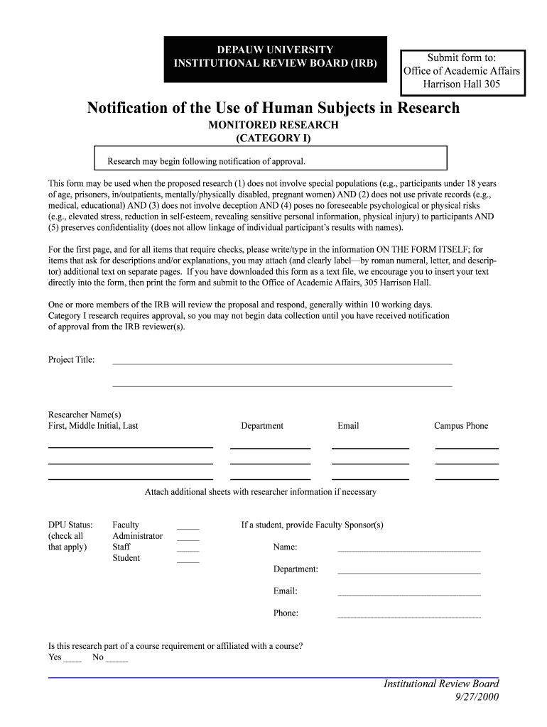 Fillable Online Notification of the Use of Human Subjects in Research ...
