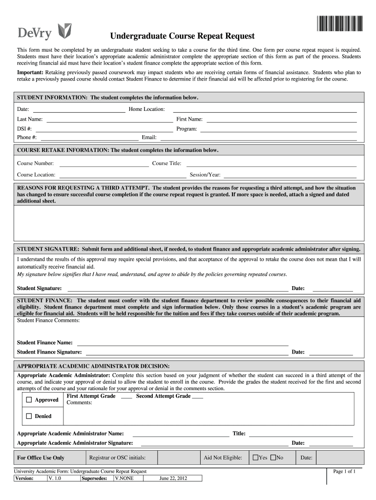 Fillable Online Undergraduate Course Repeat Request Fax Email Print ...