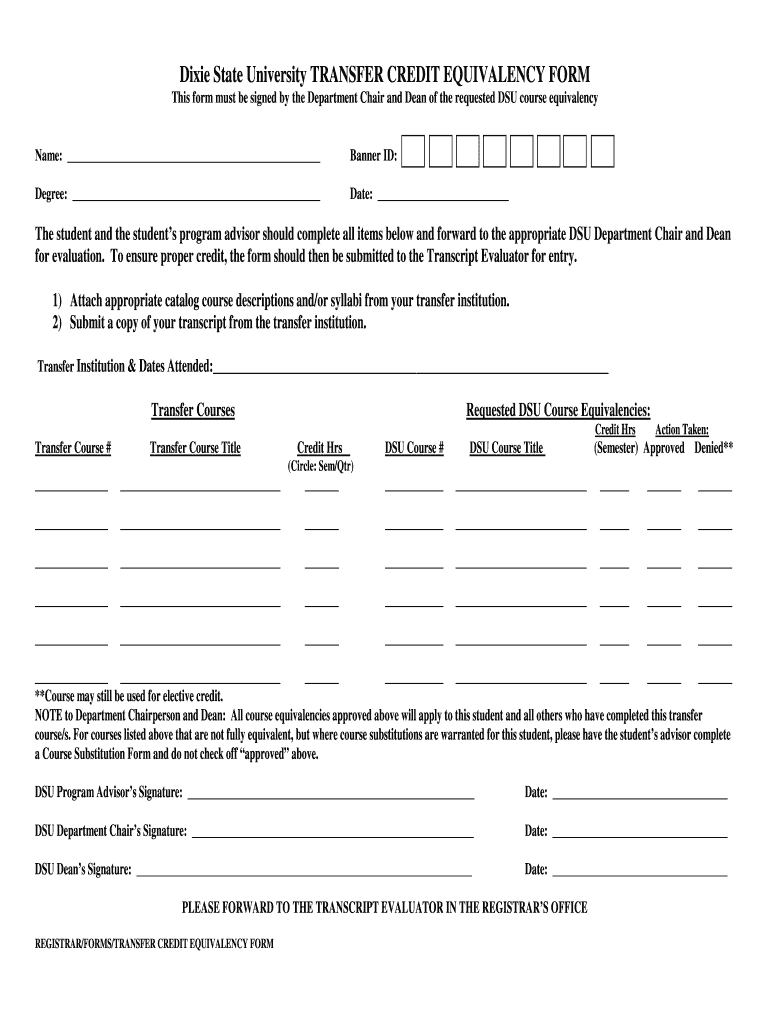 Fillable Online Dixie State University Transfer Credit Equivalency Form ...