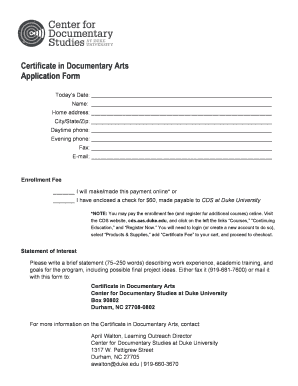 Fillable Online Certificate in Documentary Arts Application Form ...