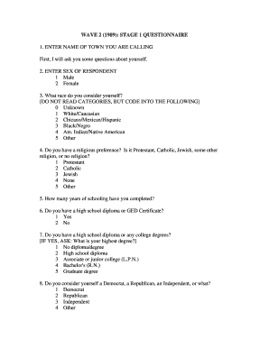Fillable Online soc duke WAVE 2 (1989): STAGE 1 QUESTIONNAIRE 1. ENTER ...