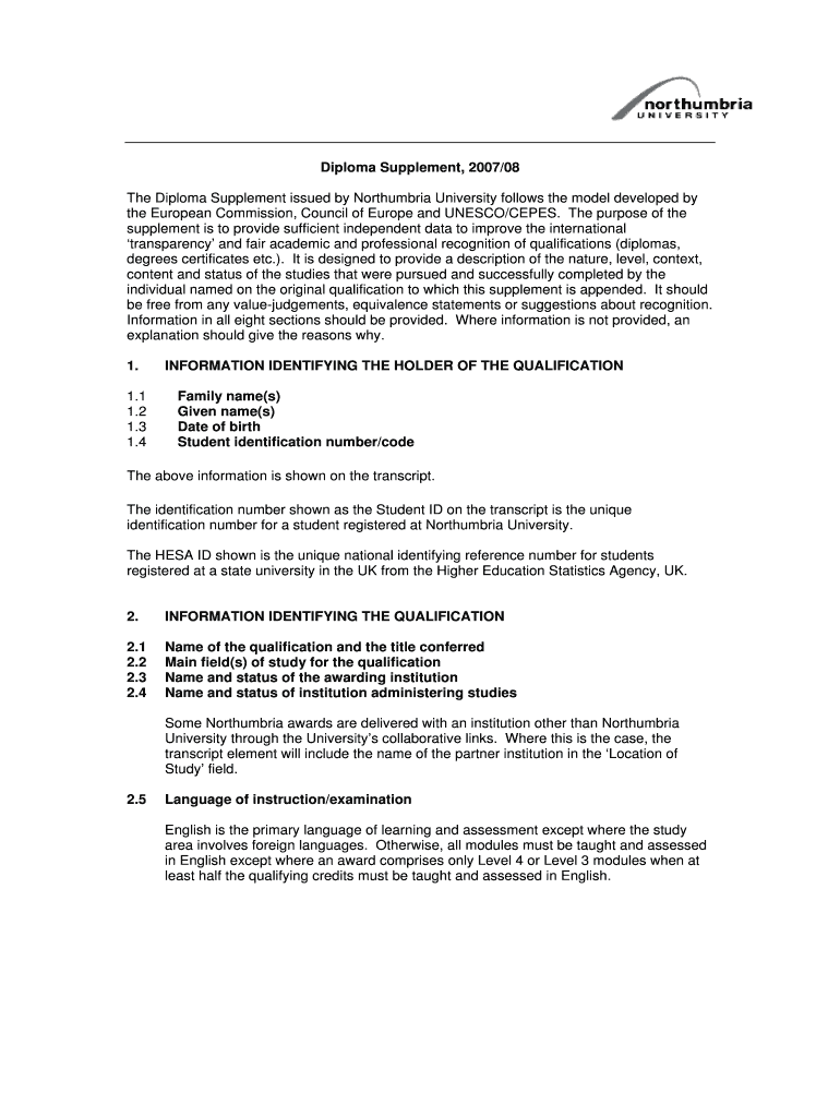 Fillable Online The Diploma Supplement issued by Northumbria University ...