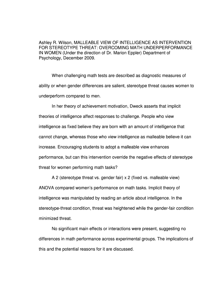Fillable Online Ashley R. Wilson, MALLEABLE VIEW OF INTELLIGENCE AS ...