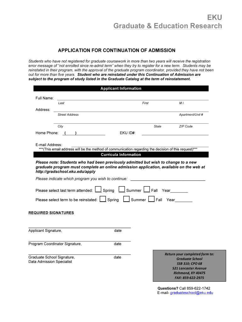 Fillable Online Application for Continuation of Admission Fax Email Print - pdfFiller