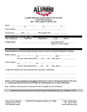 Fillable Online snu Alumni Heritage Application - Southern Nazarene ...