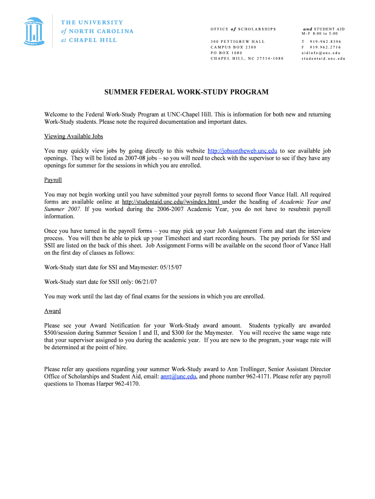 Fillable Online SUMMER FEDERAL WORK-STUDY PROGRAM Fax Email Print ...
