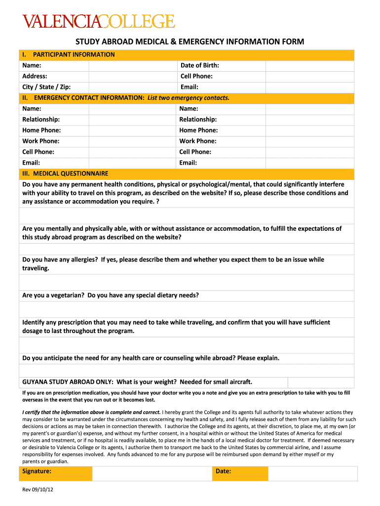 Medical and Emergency Information Form - Valencia College ...
