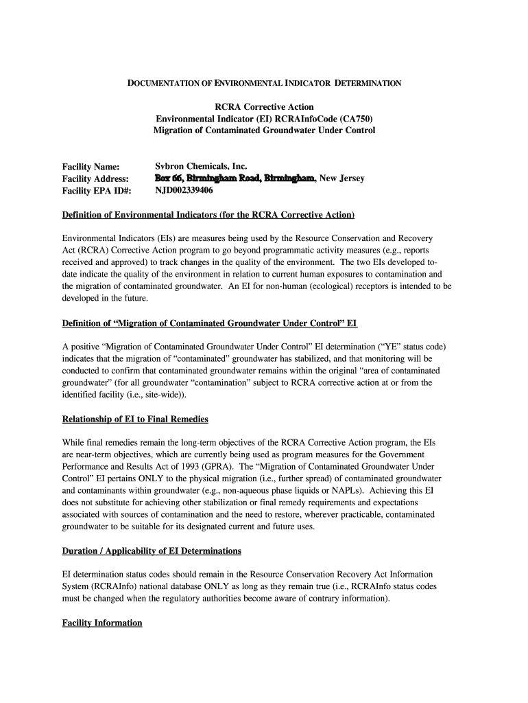Fillable Online Documentation of Environmental Indicator Determination ...