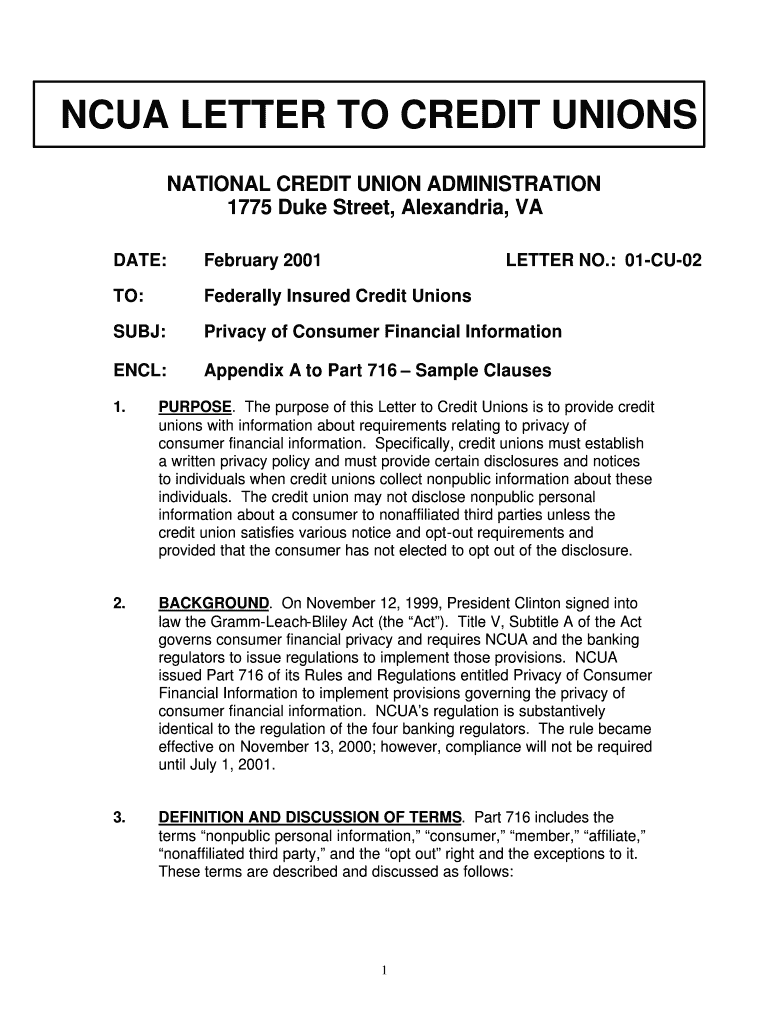 Fillable Online ffiec Letter to Credit Unions 01-CU-02 and Appendix A ...