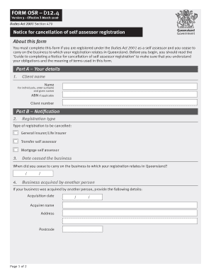 Fillable Online osr qld gov Notice for cancellation of self assessor ...