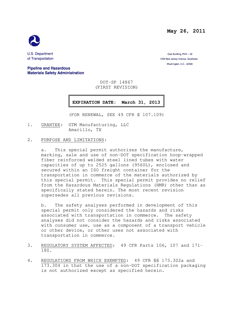 Fillable Online DOT Special Permit for GTM Manufacturing, LLC Fax Email ...