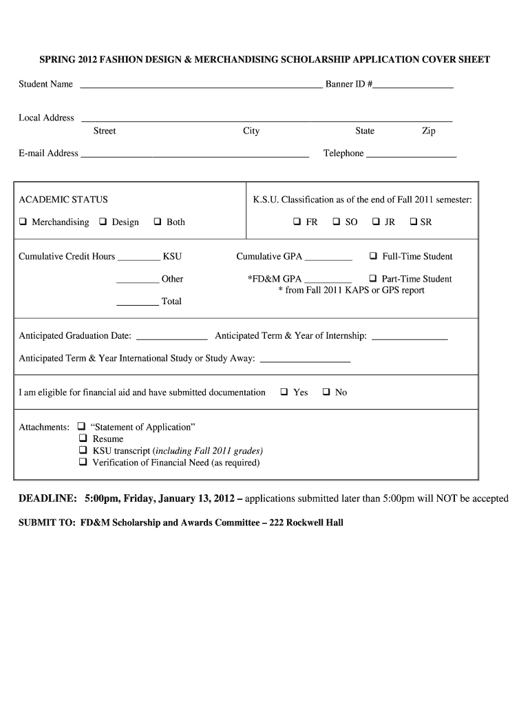 Fillable Online 2012 Fashion Design & Merchandising Scholarship ...