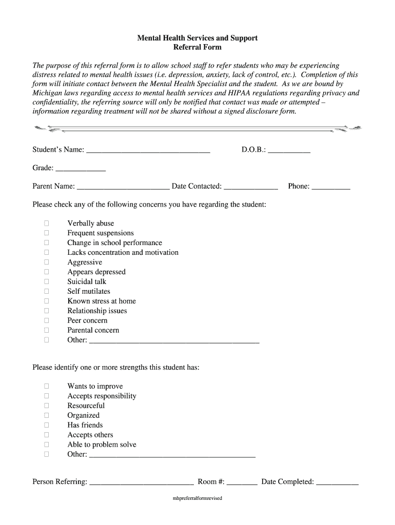 Fillable Online Mental Health Services and Support Referral Form Fax ...