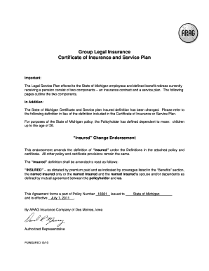 Fillable Online Group Legal Insurance Certificate of Insurance ...